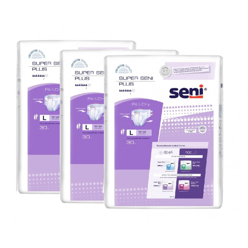 3x Super Seni Plus pieluchomajtki zapinane na rzepy 30 szt. L